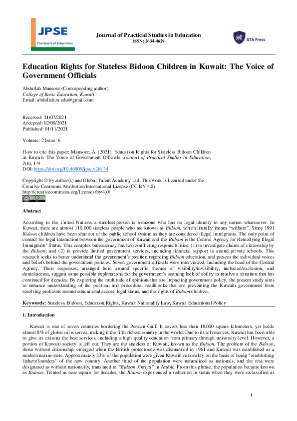 (PDF) Education Rights for Stateless Bidoon Children in Kuwait: The ...
