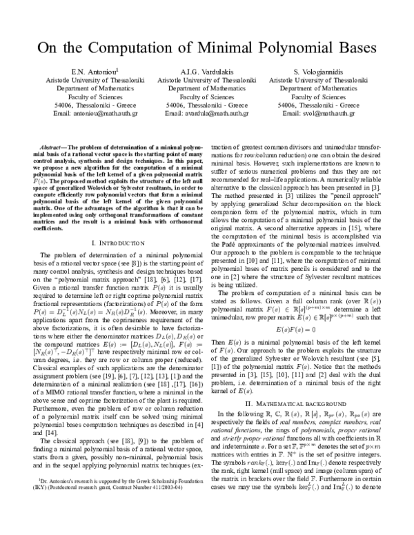 (PDF) On the Computation of Minimal Polynomial Bases