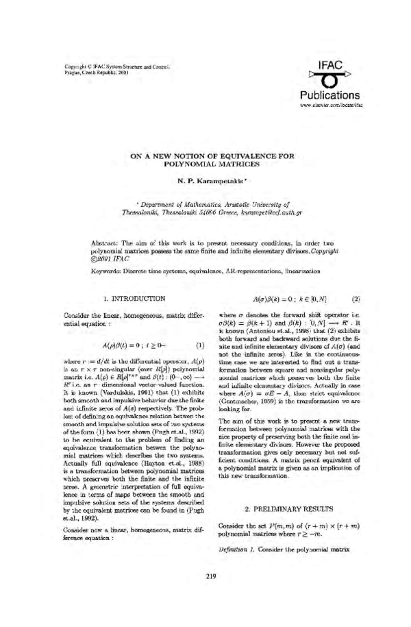 (PDF) On a New Notion of Equivalence for Polynomial Matrices | ANTONIS ...