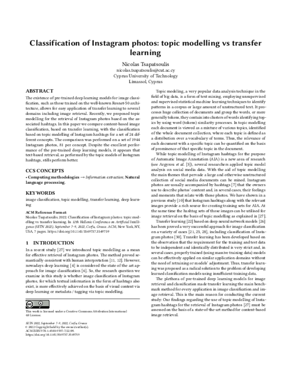 (PDF) Classification of Instagram photos: topic modelling vs transfer ...
