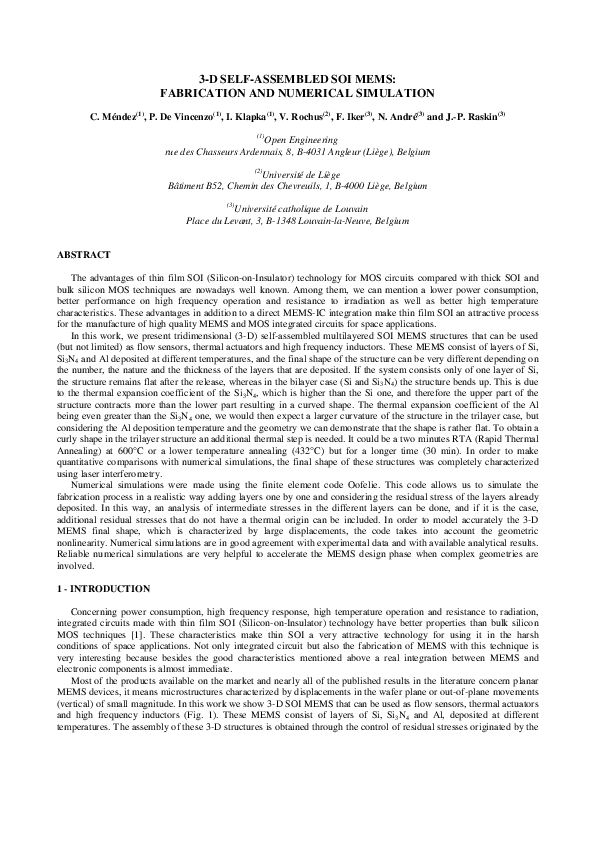 (PDF) 3-D Self-assembled SOI MEMS: Fabrication and Numerical Simulation