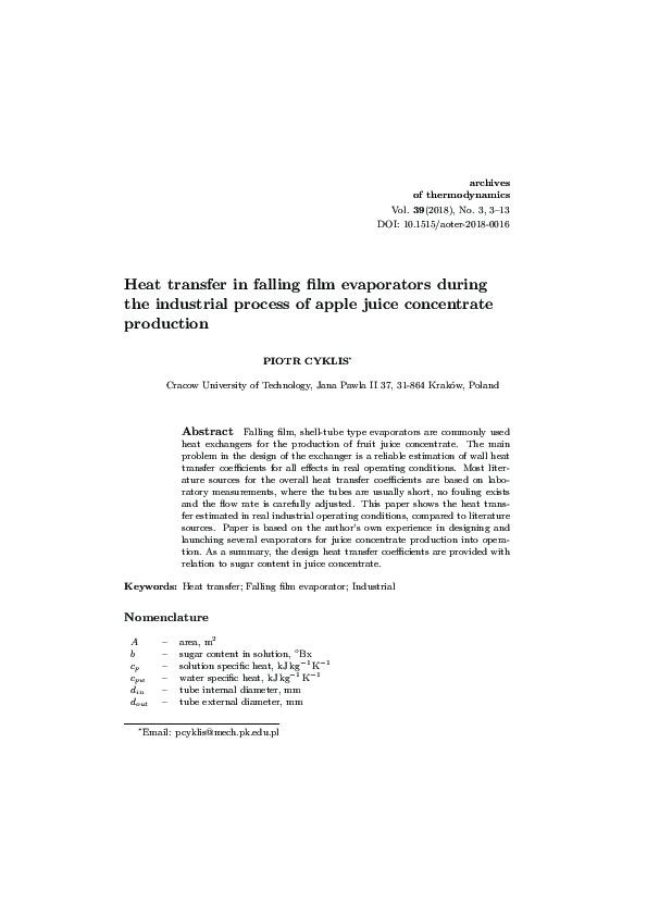 (PDF) Heat transfer in falling film evaporators during the industrial ...