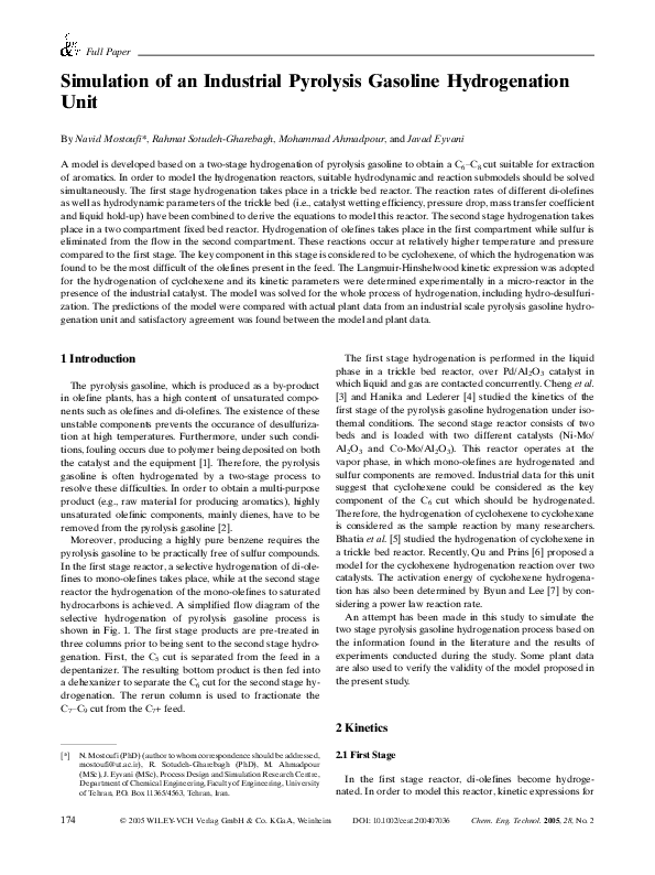 (PDF) Simulation of an Industrial Pyrolysis Gasoline Hydrogenation Unit