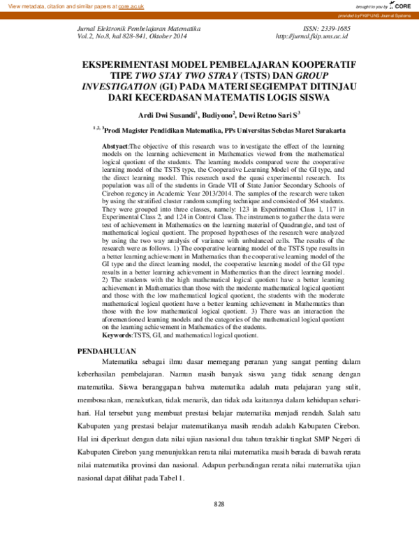 (PDF) Eksperimentasi Model Pembelajaran Kooperatif Tipe TGT Terhadap Prestasi Belajar Dan ...