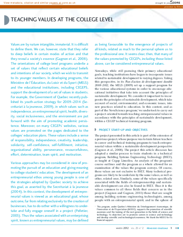 (PDF) Teaching values at the college level