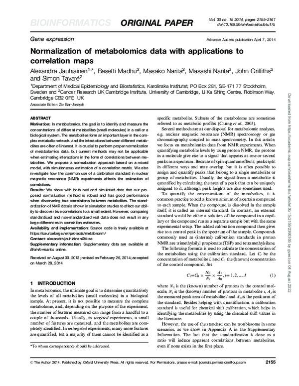 Pdf Normalization Of Metabolomics Data With Applications To Correlation Maps