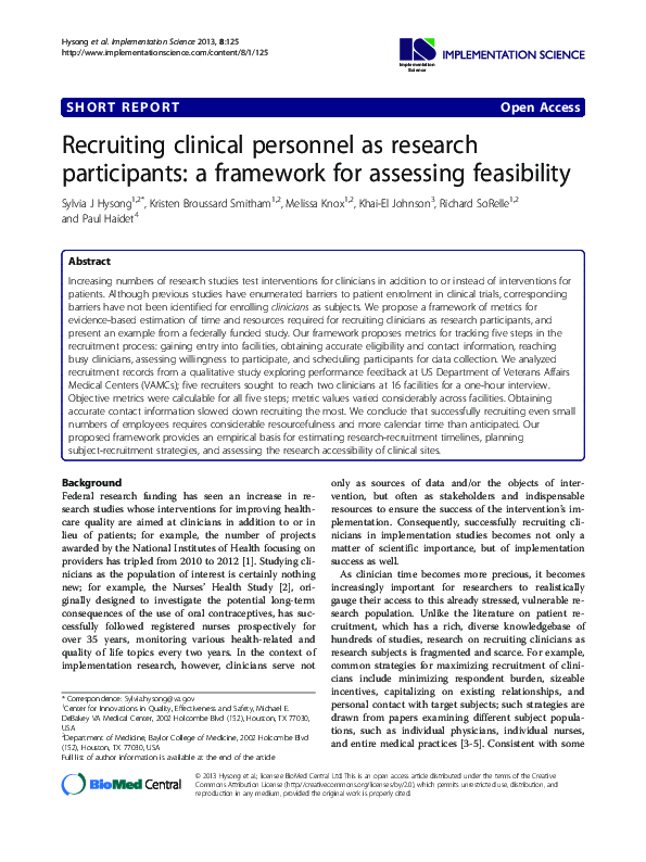 (PDF) Recruiting clinical personnel as research participants: a ...