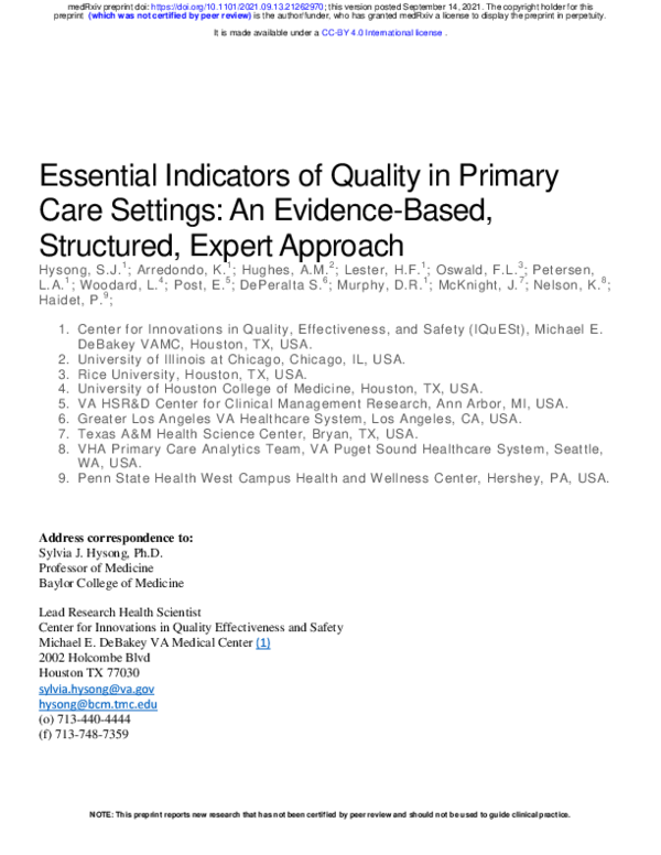 (PDF) Essential Indicators of Quality in Primary Care Settings: An Evidence-Based, Structured ...