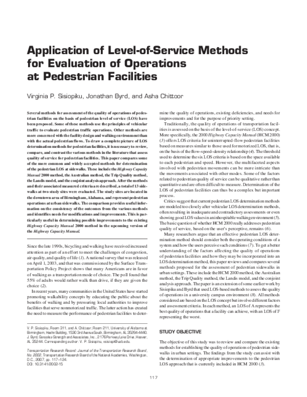 (PDF) Application of Level-of-Service Methods for Evaluation of Operations at Pedestrian Facilities