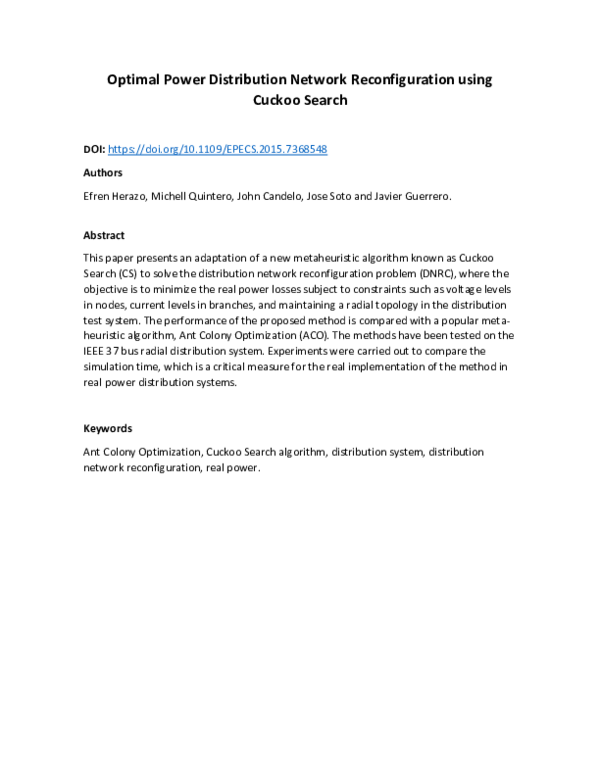 Pdf Optimal Power Distribution Network Reconfiguration Using Cuckoo Search Michell Quintero