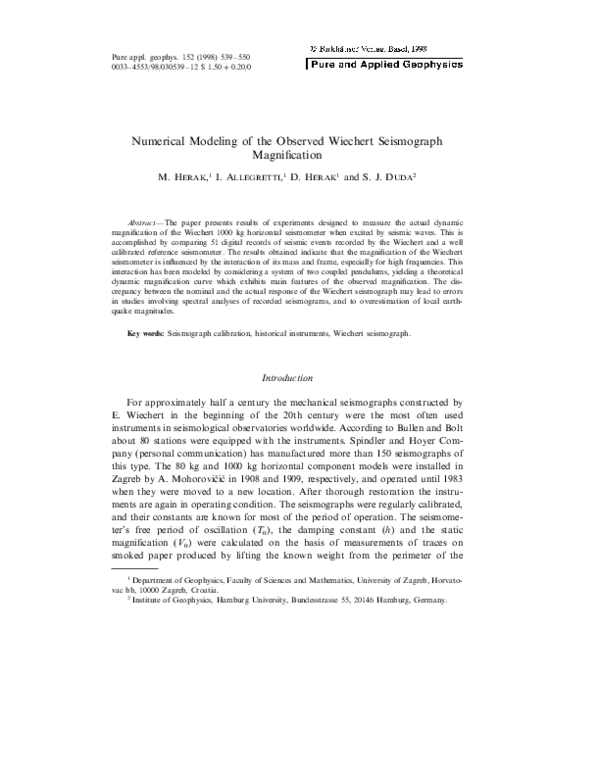 (PDF) Numerical Modeling of the Observed Wiechert Seismograph Magnification