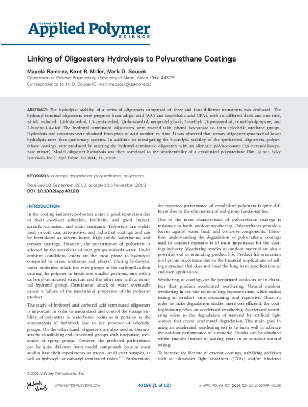 (PDF) Linking of oligoesters hydrolysis to polyurethane coatings