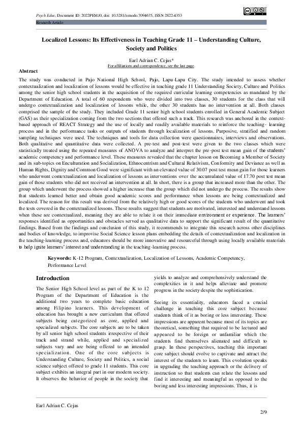 (PDF) Localized Lessons: Its Effectiveness in Teaching Grade 11 ...