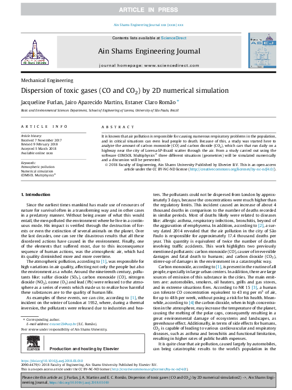 (PDF) Dispersion of toxic gases (CO and CO2) by 2D numerical simulation