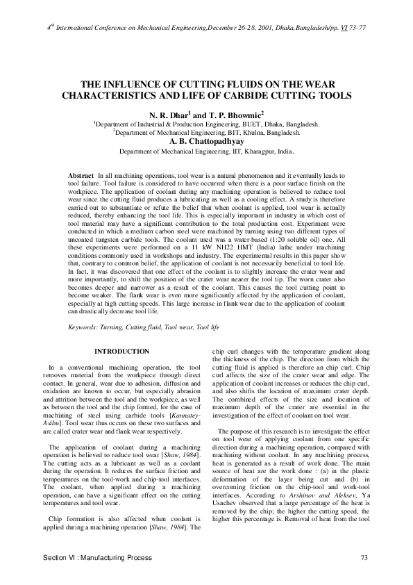 (PDF) The Influence of Cutting Fluids on the Wear Characteristics and Life of Carbide Cutting Tools