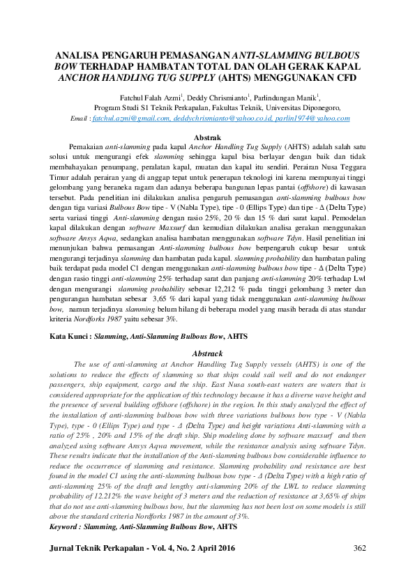 (PDF) Analisa Pengaruh Panjang Anti-Slamming Bulbous Bow Terhadap Hambatan Total Dan Olah Gerak ...