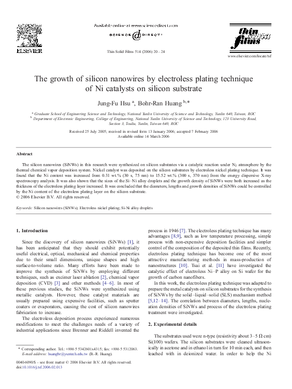 (PDF) The growth of silicon nanowires by electroless plating technique ...