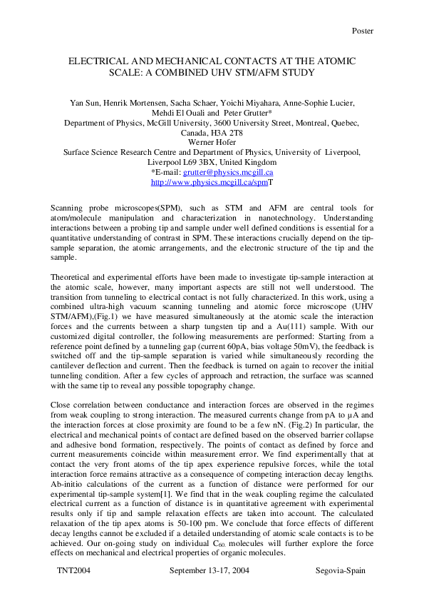 (PDF) Poster ELECTRICAL AND MECHANICAL CONTACTS AT THE ATOMIC SCALE: A COMBINED UHV STM/AFM STUDY