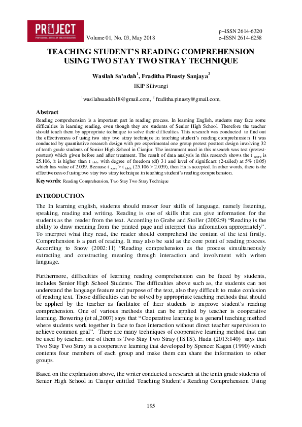 (PDF) Teaching Student’s Reading Comprehension Using Two Stay Two Stray Technique