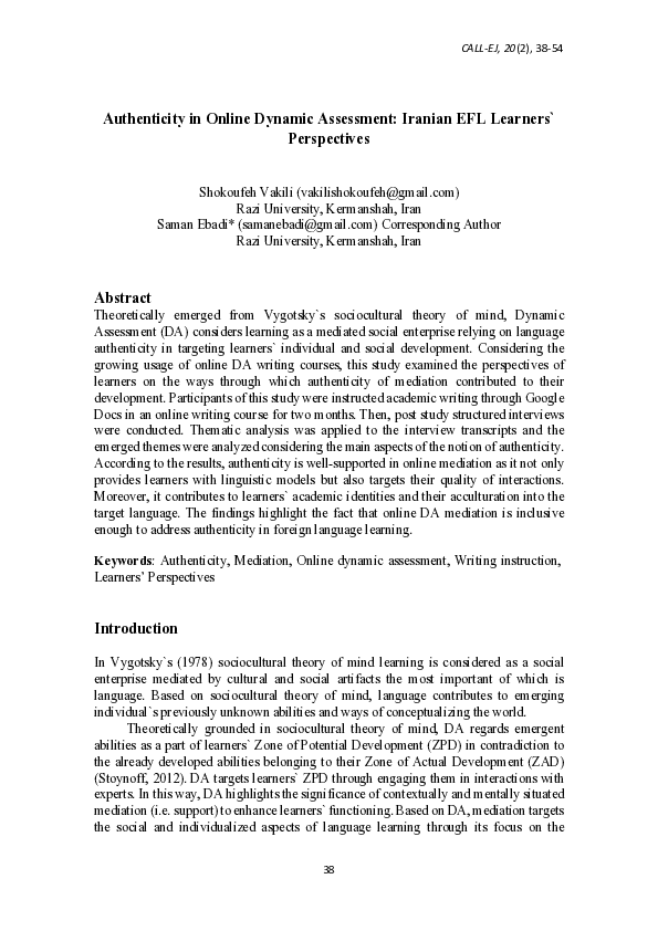 (PDF) Authenticity in Online Dynamic Assessment: Iranian EFL Learners ...