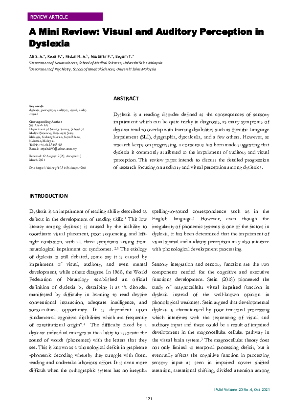 (PDF) A Mini Review: Visual and Auditory Perception in Dyslexia
