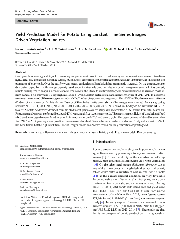 Pdf Yield Prediction Model For Potato Using Landsat Time Series