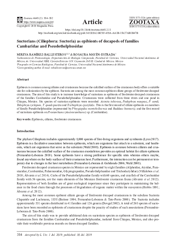 (PDF) Suctorians (Ciliophora: Suctoria) as epibionts of decapods of ...