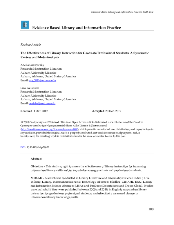 (PDF) The Effectiveness of Library Instruction for Graduate/Professional Students: A Systematic ...