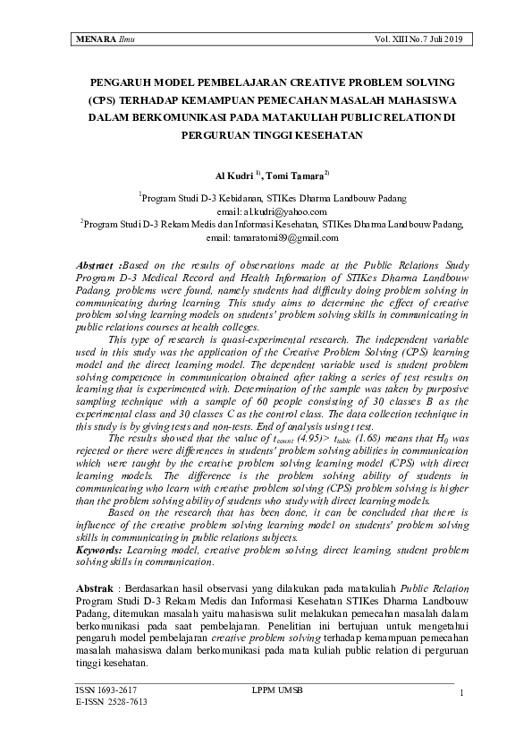 (PDF) Pengaruh Model Pembelajaran Creative Problem Solving (CPS) Terhadap Kemampuan Pemecahan ...