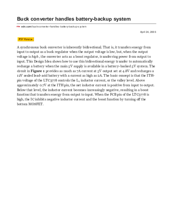 (PDF) Buck converter handles battery-backup system. (design ideas)