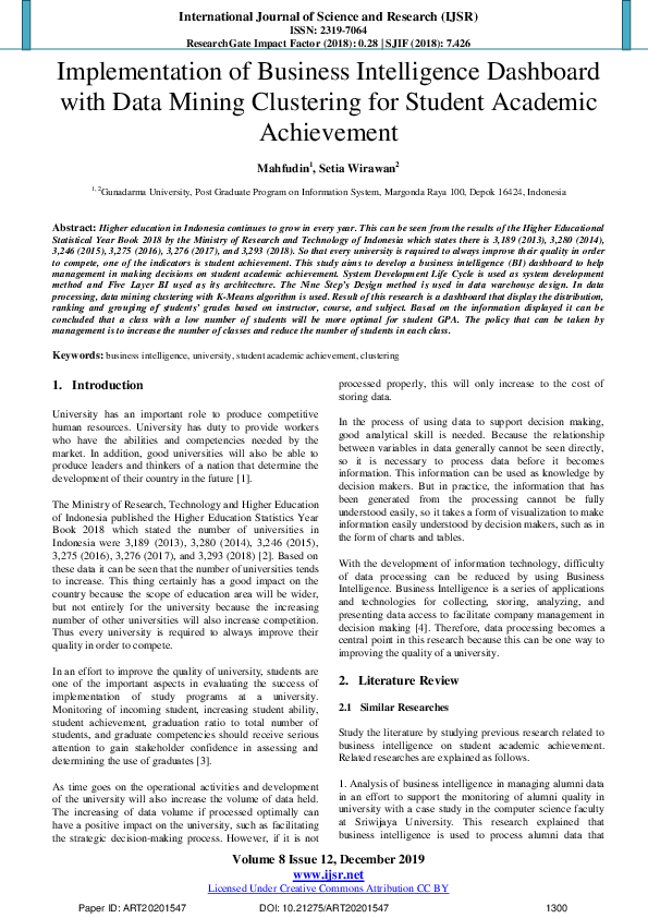 (PDF) Implementation of Business Intelligence Dashboard with Data Mining Clustering for Student ...