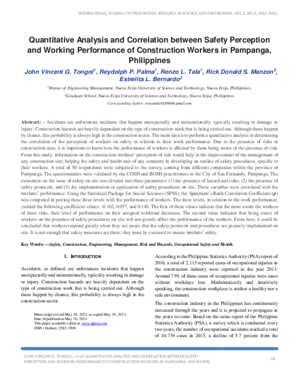 (PDF) Quantitative Analysis and Correlation between Safety Perception and Working Performance of ...