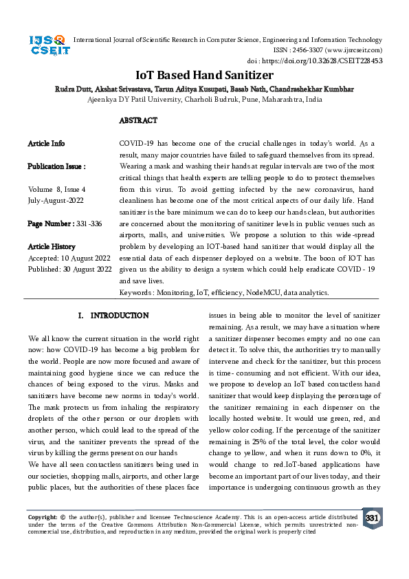 (PDF) IoT Based Hand Sanitizer (PDF) IoT Based Hand Sanitizer