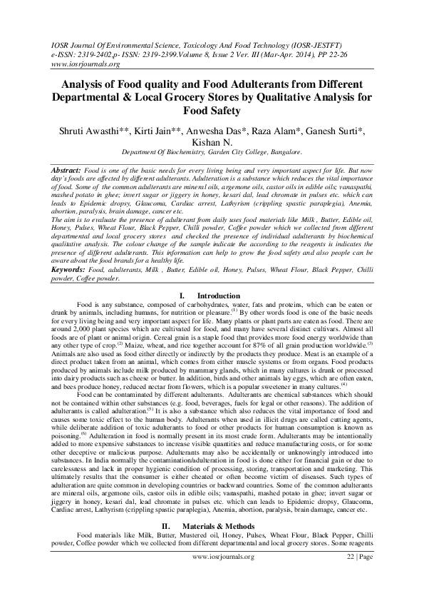 (PDF) Analysis of Food quality and Food Adulterants from Different ...