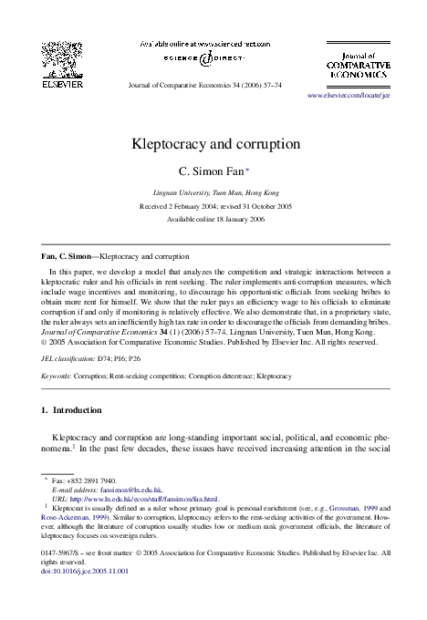(PDF) Kleptocracy and corruption