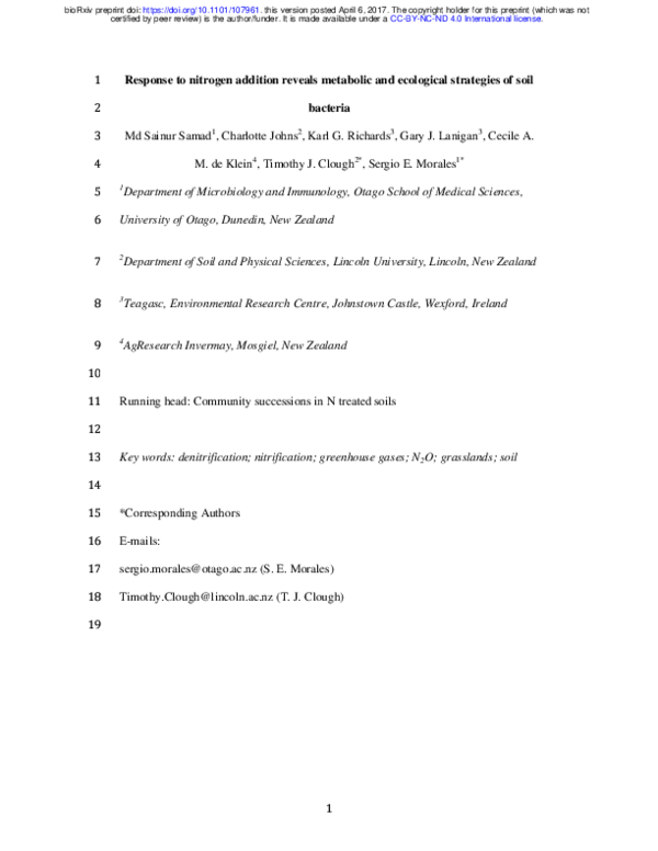 (PDF) Response to nitrogen addition reveals metabolic and ecological strategies of soil bacteria