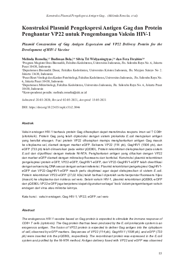 (PDF) Konstruksi Plasmid Pengekspresi Antigen Gag dan Protein Penghantar VP22 untuk Pengembangan ...