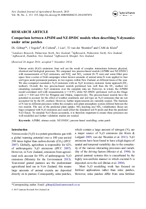(PDF) Comparison between APSIM and NZ-DNDC models when describing N-dynamics under urine patches