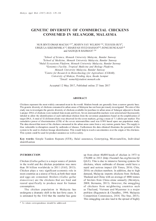 (PDF) Genetic diversity of commercial chickens consumed in Selangor, Malaysia