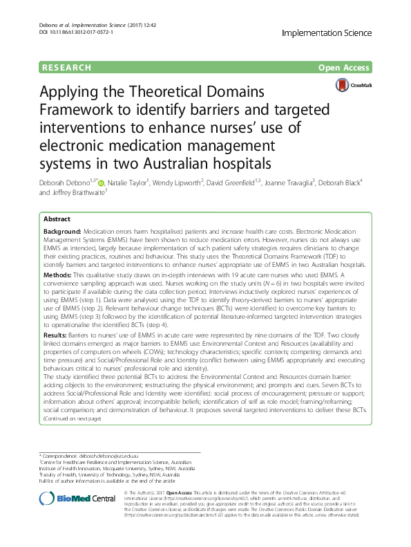 (PDF) Applying the Theoretical Domains Framework to identify barriers and targeted interventions ...