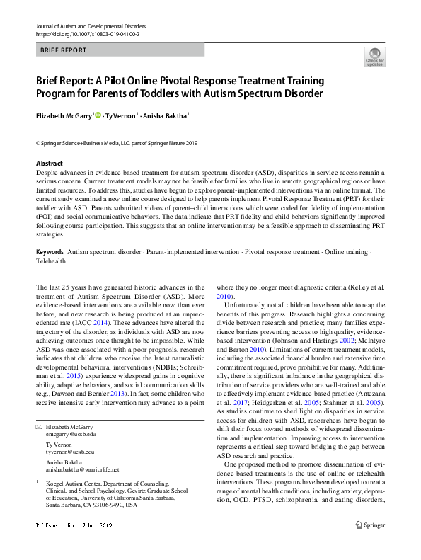 (PDF) Brief Report: A Pilot Online Pivotal Response Treatment Training ...