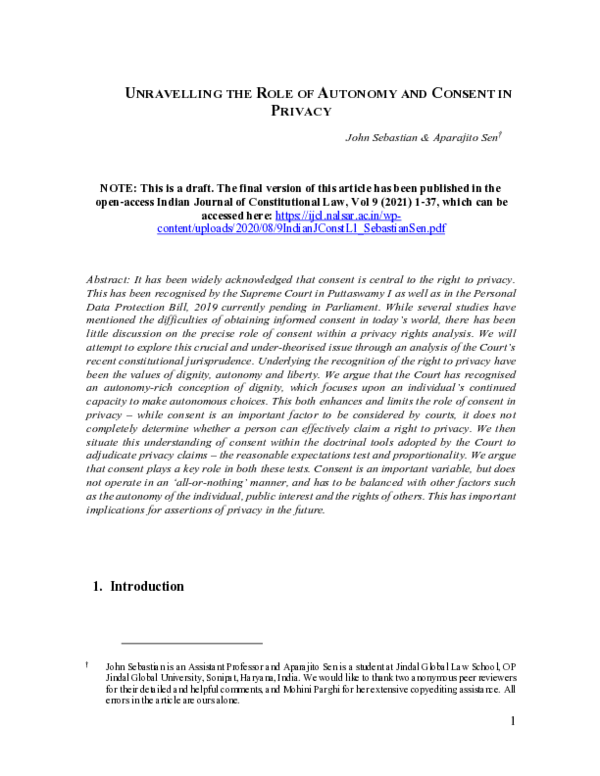 (PDF) UNRAVELLING THE ROLE OF AUTONOMY AND CONSENT IN PRIVACY