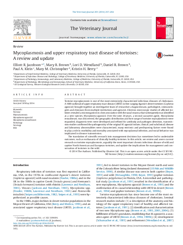 (PDF) Mycoplasmosis and upper respiratory tract disease of tortoises: a ...