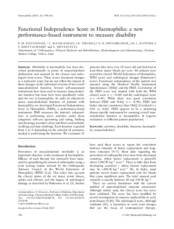 (PDF) Functional Independence Score in Haemophilia: a new performance ...