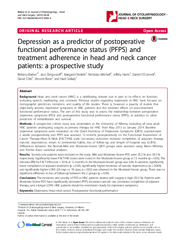 Pdf Depression As A Predictor Of Postoperative Functional Performance Status Pfps And