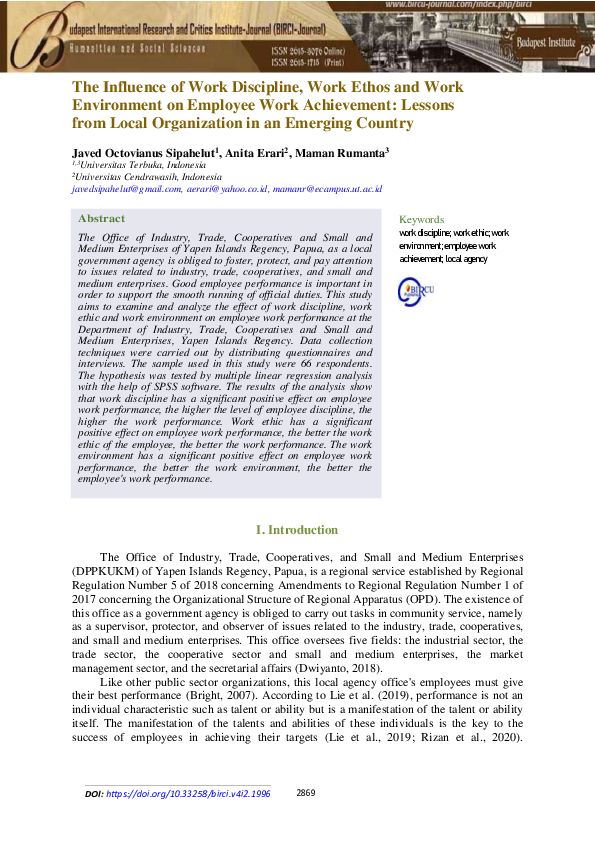 (PDF) The Influence of Work Discipline, Work Ethos and Work Environment ...