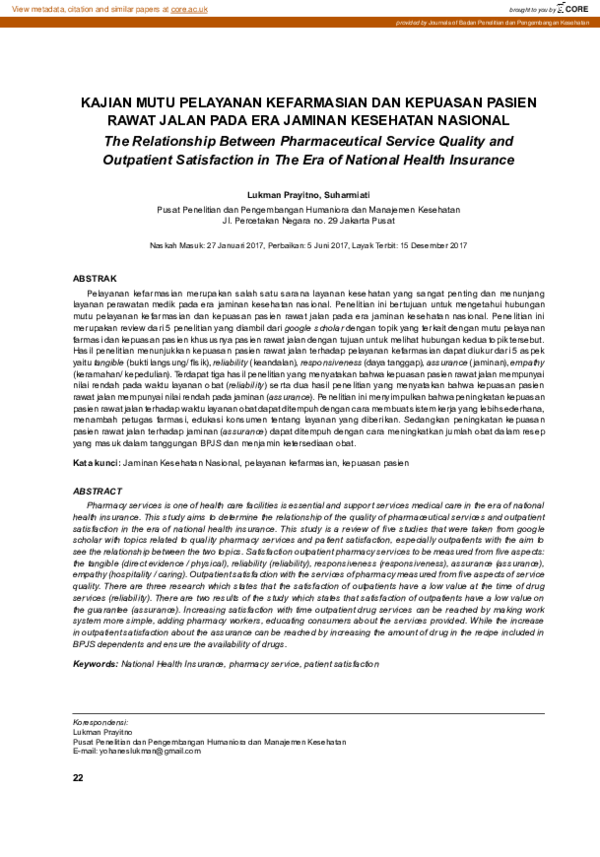 Pdf Kajian Mutu Pelayanan Kefarmasian Dan Kepuasan Pasien Rawat Jalan