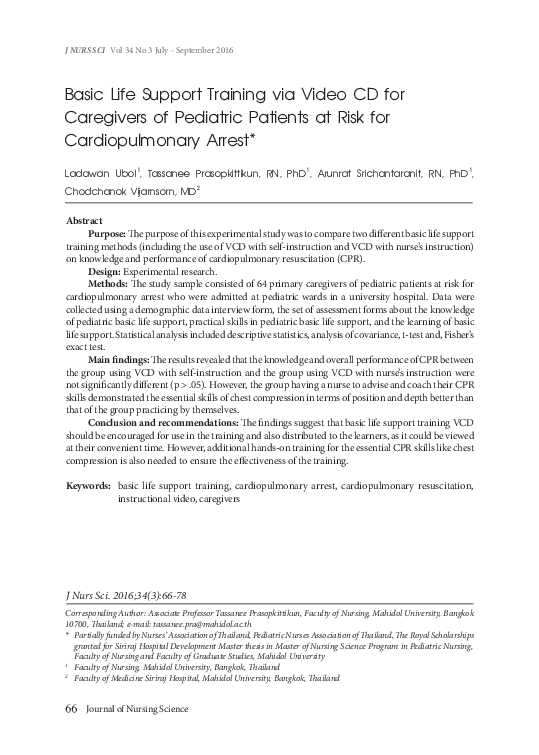 (PDF) Basic Life Support Training via Video CD for Caregivers of Pediatric Patients at Risk for ...