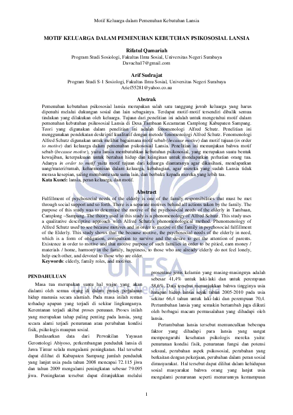(PDF) Motif Keluarga Dalam Pemenuhan Kebutuhan Psikososial Lansia | Arief Sudrajat - Academia.edu
