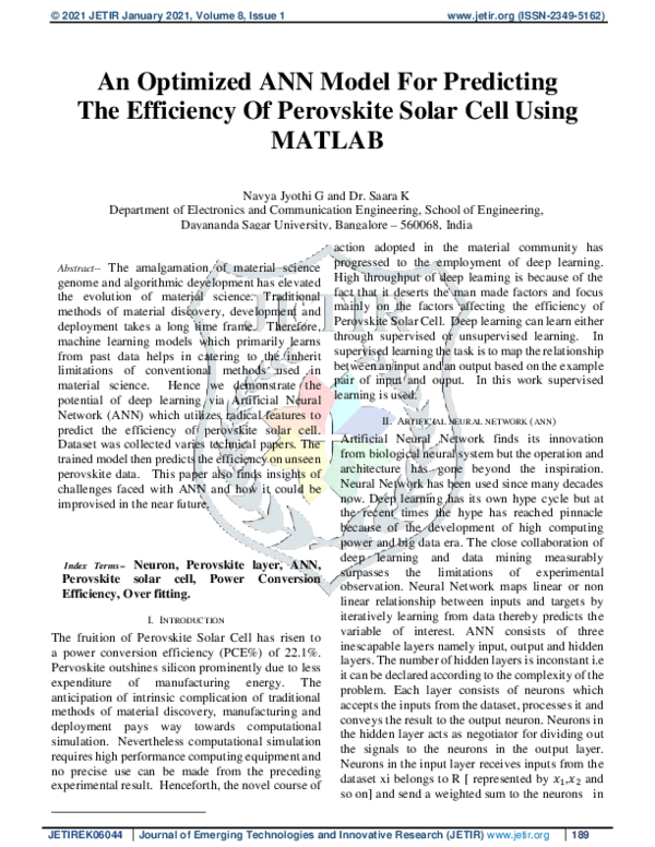 (PDF) Optimized ANN for Perovskite Solar Cell Efficiency